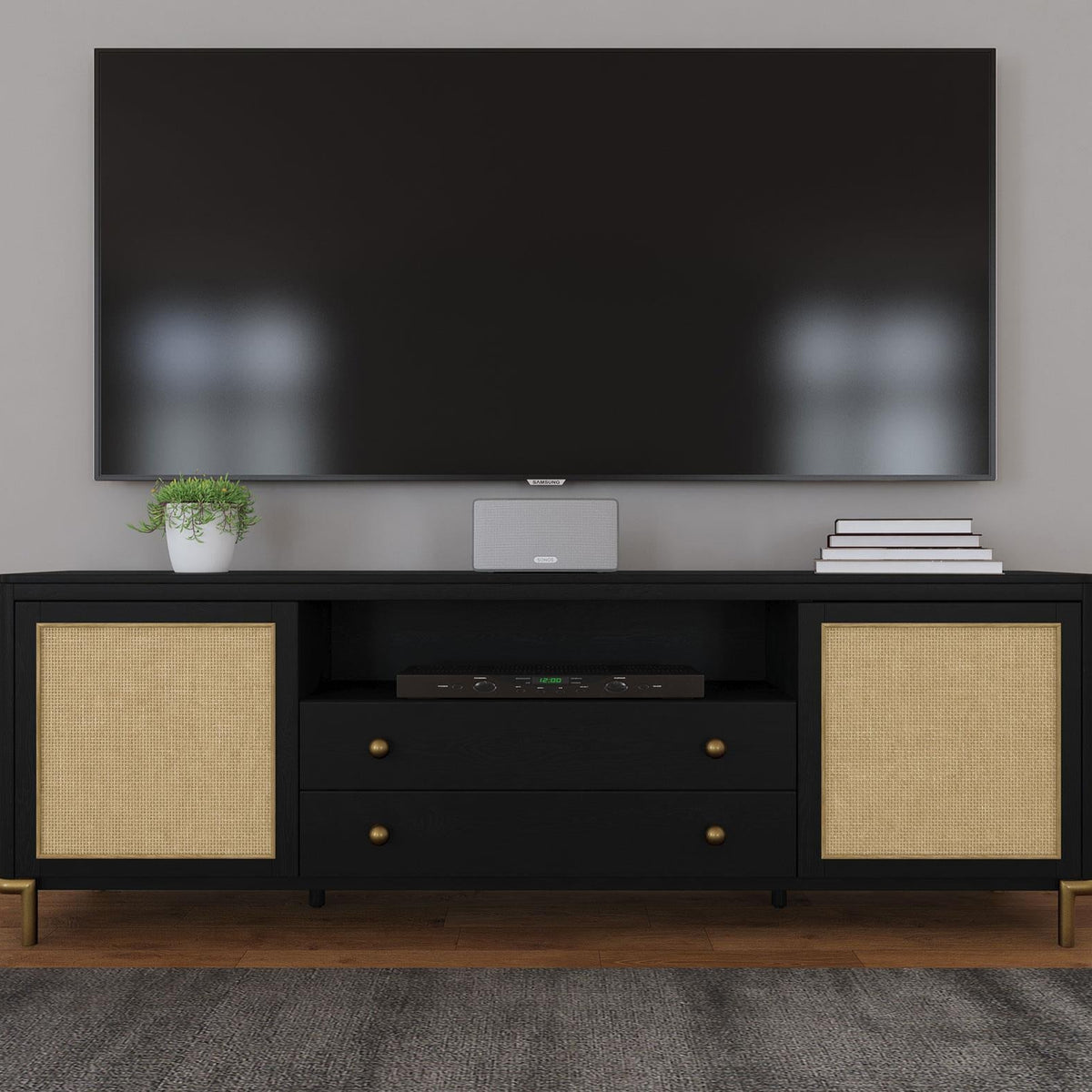 Arini Rattan Cane 2-door TV Stand Media Console Black - Eve Furniture