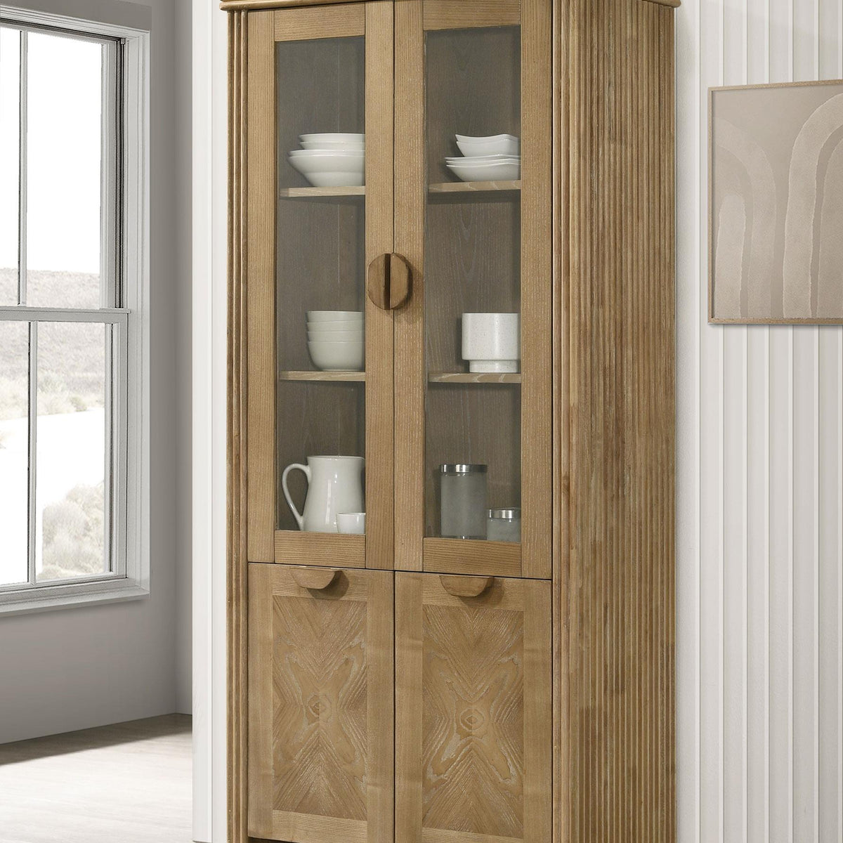 Adina Distressed Light Brown Tall Dining Display Cabinet - Eve Furniture