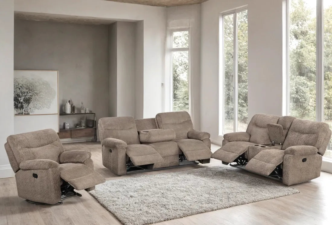 Bravo Mocha Fabric Reclining Living Room Set - Eve Furniture