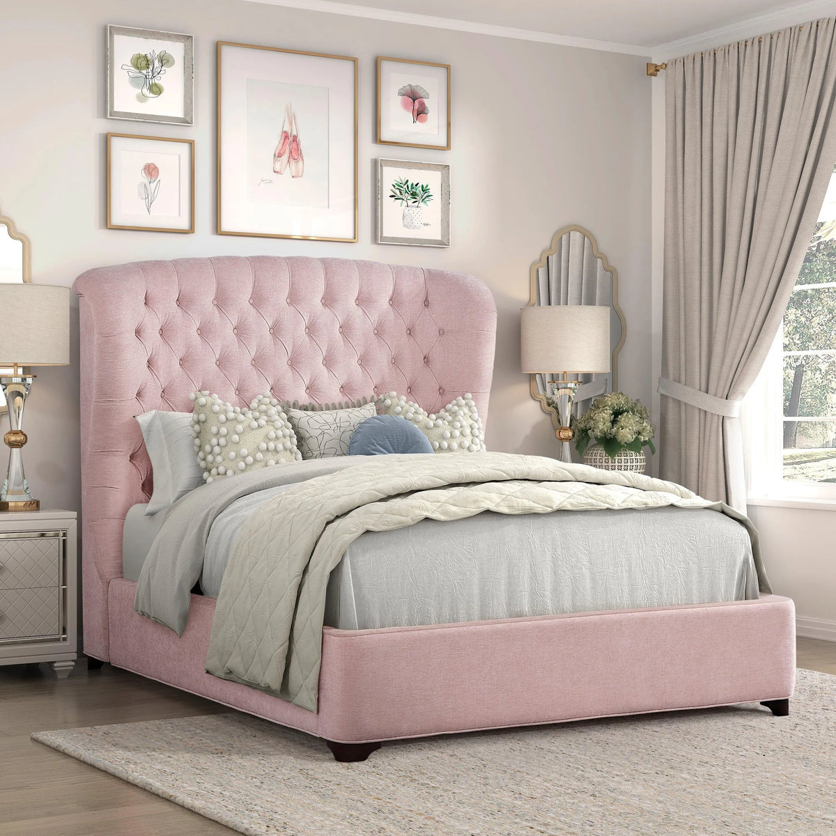 Cameo Pink King Upholstered Wingback Bed - Eve Furniture