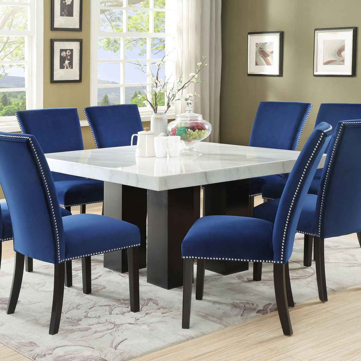 Camila Black/Blue Square Marble Top Dining Room Set - Eve Furniture