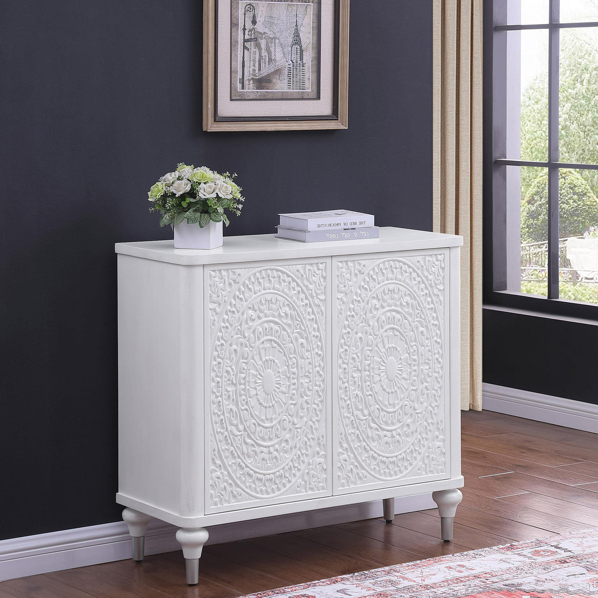 Cardella Distressed White 2-Door Mandala Accent Cabinet - Eve Furniture