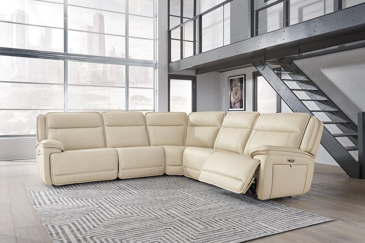 Double Deal Almond 5-Piece Dual Power Leather Reclining Modular Sectio ...