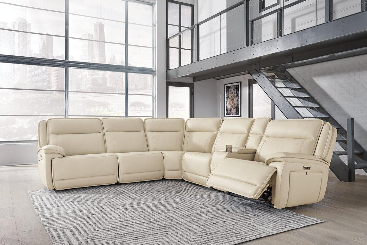 Double Deal Almond 6-Piece Dual Power Leather Reclining Modular Sectio ...