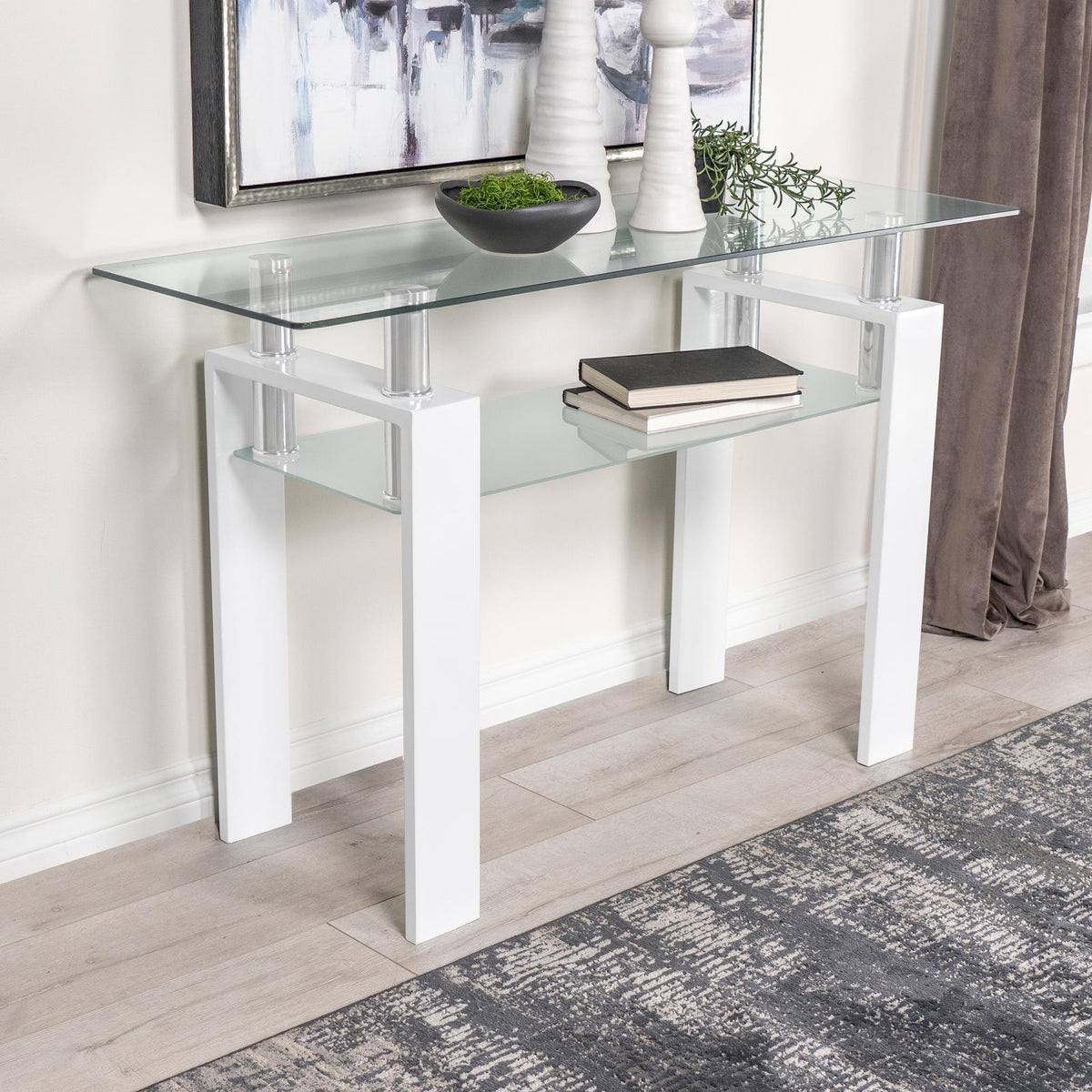 Dyer White Rectangular Glass Top Sofa Table With Shelf - Eve Furniture