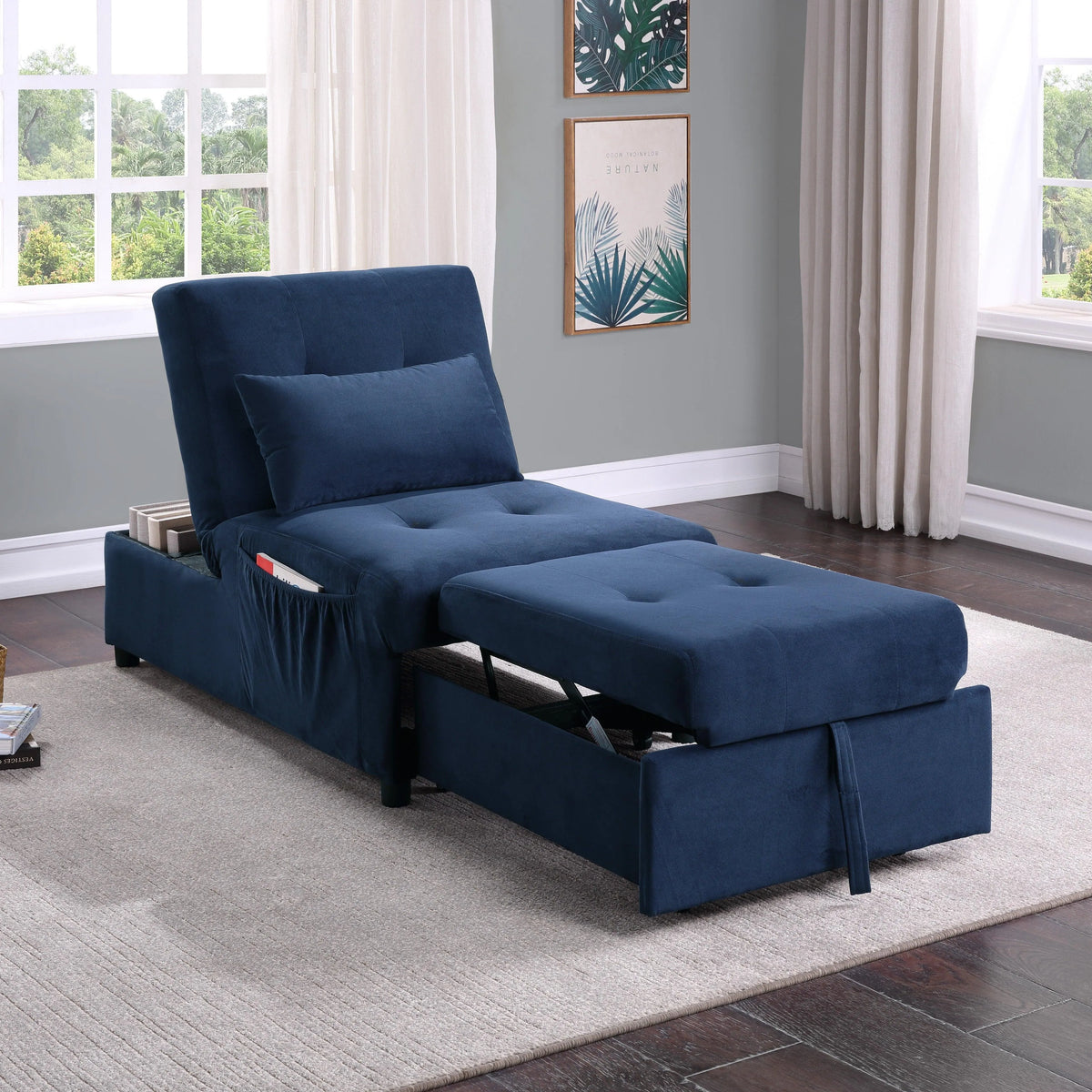 Garrell Blue Velvet Lift Top Storage Bench with Pull-out Bed - Eve ...