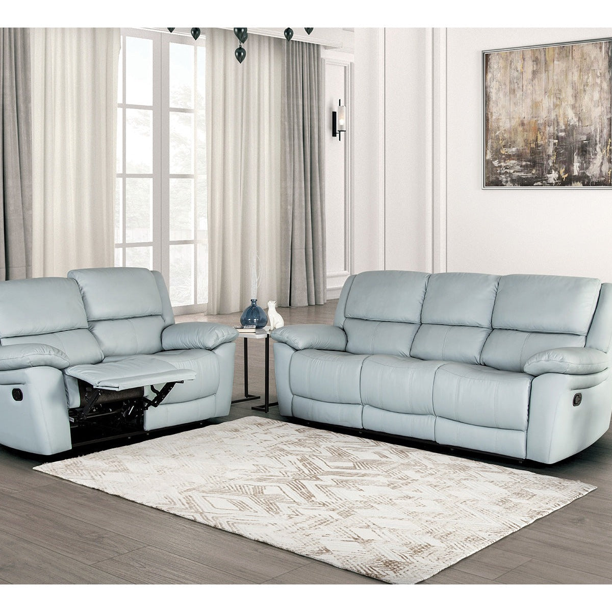 Glarus Powder Blue Leather Match Reclining Living Room Set - Eve Furniture