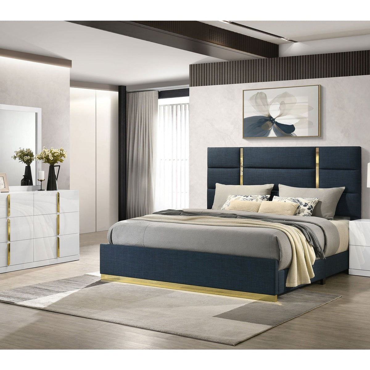 Ines Navy/White High Gloss 4-piece Eastern King Bedroom Set - Eve Furniture