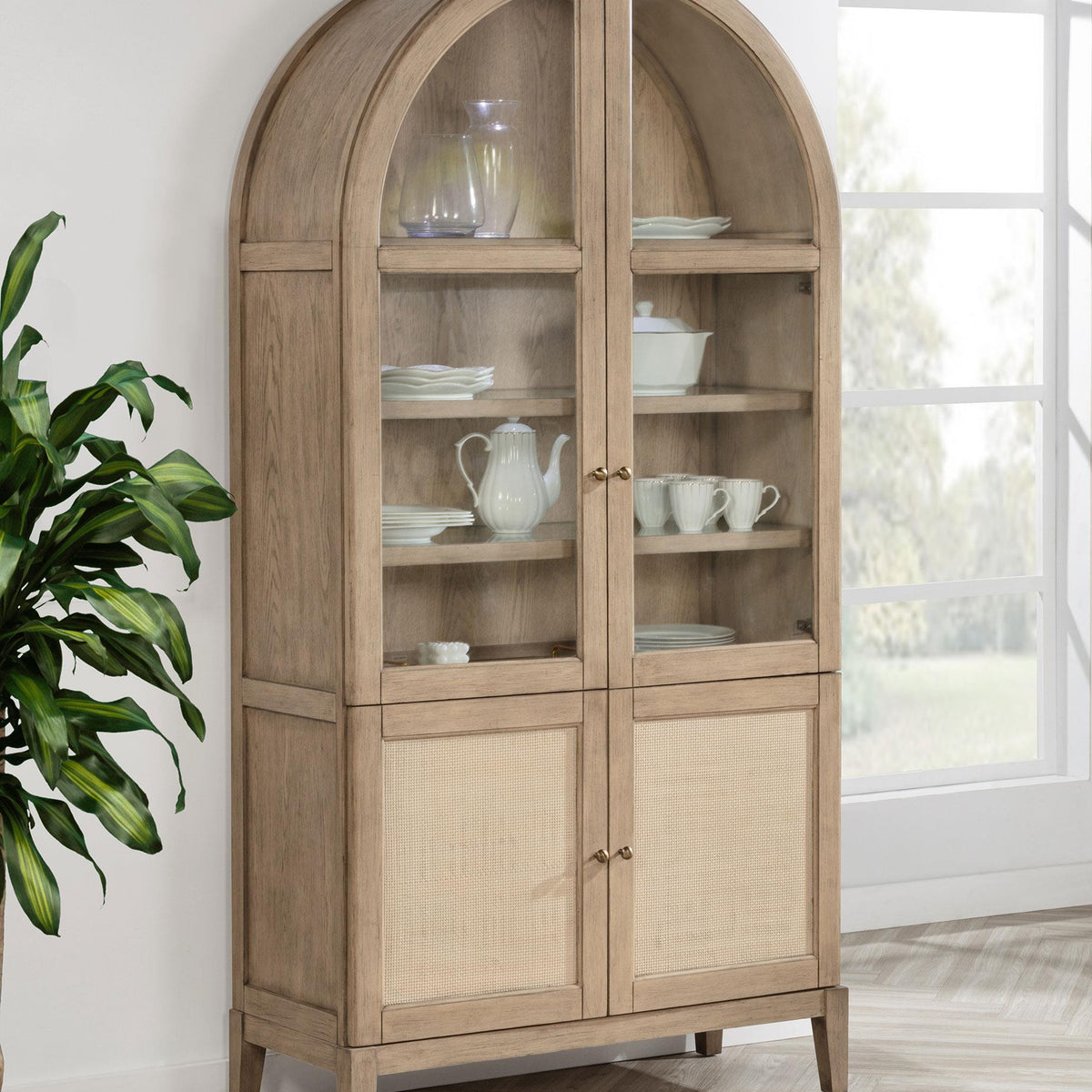 Kailani Beige Oak 4-Door Cane Dining Vitrine Display Cabinet - Eve ...