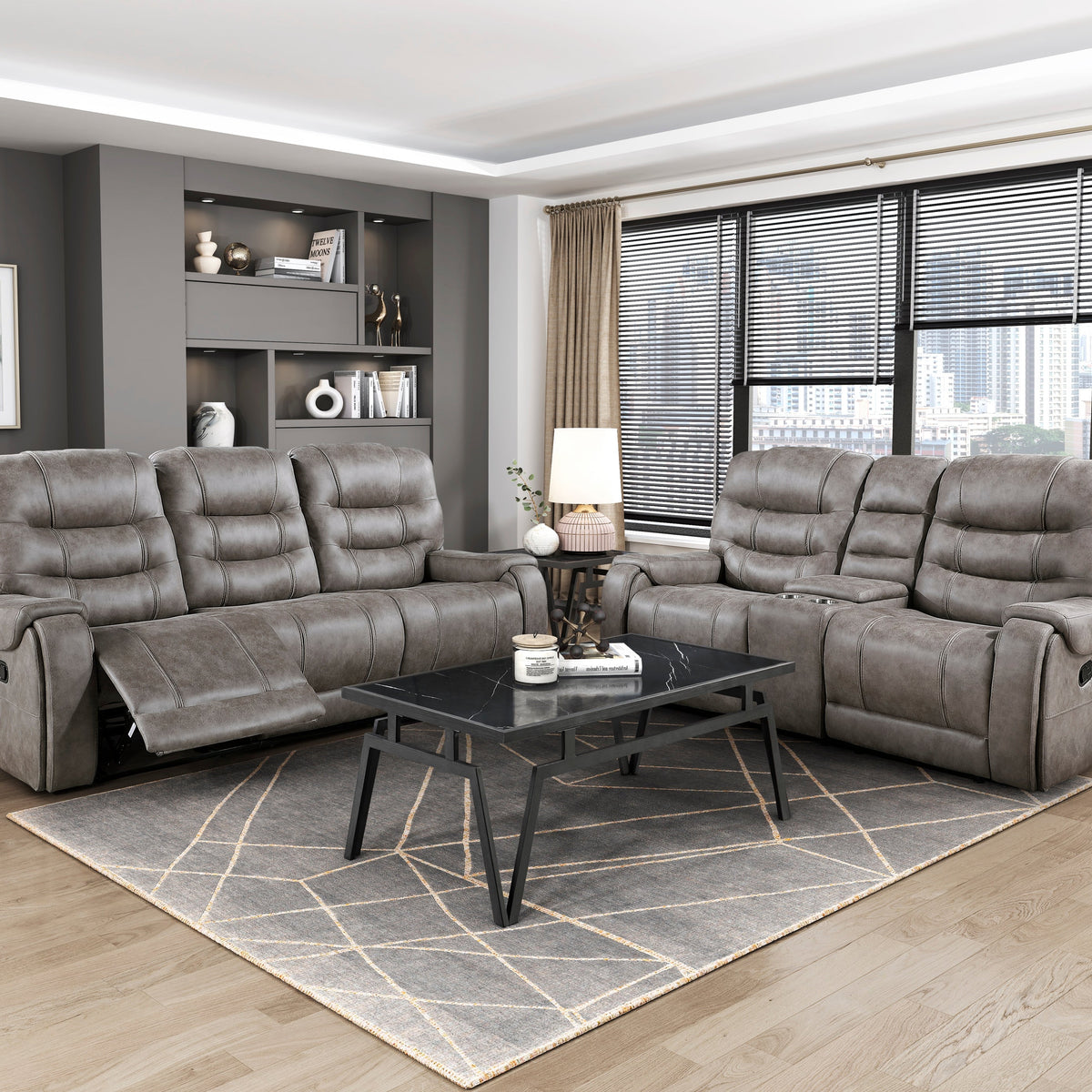 Oberon Grayish Brown Double Reclining Living Room Set - Eve Furniture