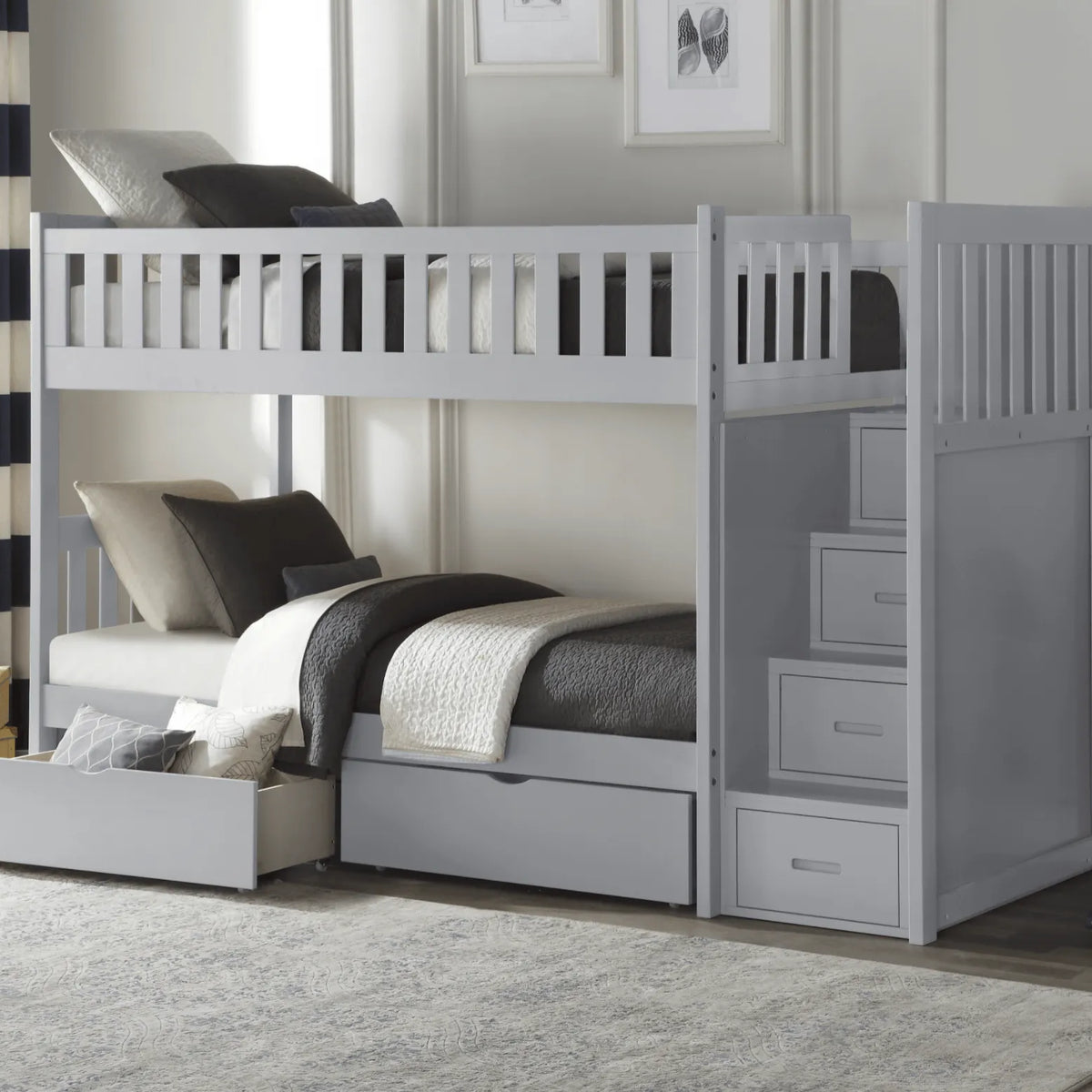 Orion Gray Twin/Twin Step Bunk Bed with Storage Boxes – Eve Furniture