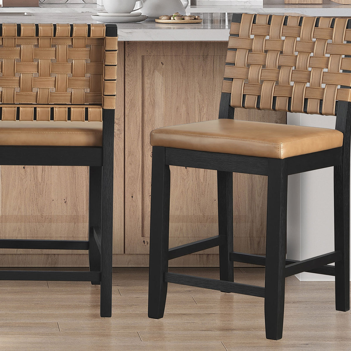 Reid Saddle Brown Camel Vegan Leather 24″ Counter Chair Black Finish ...