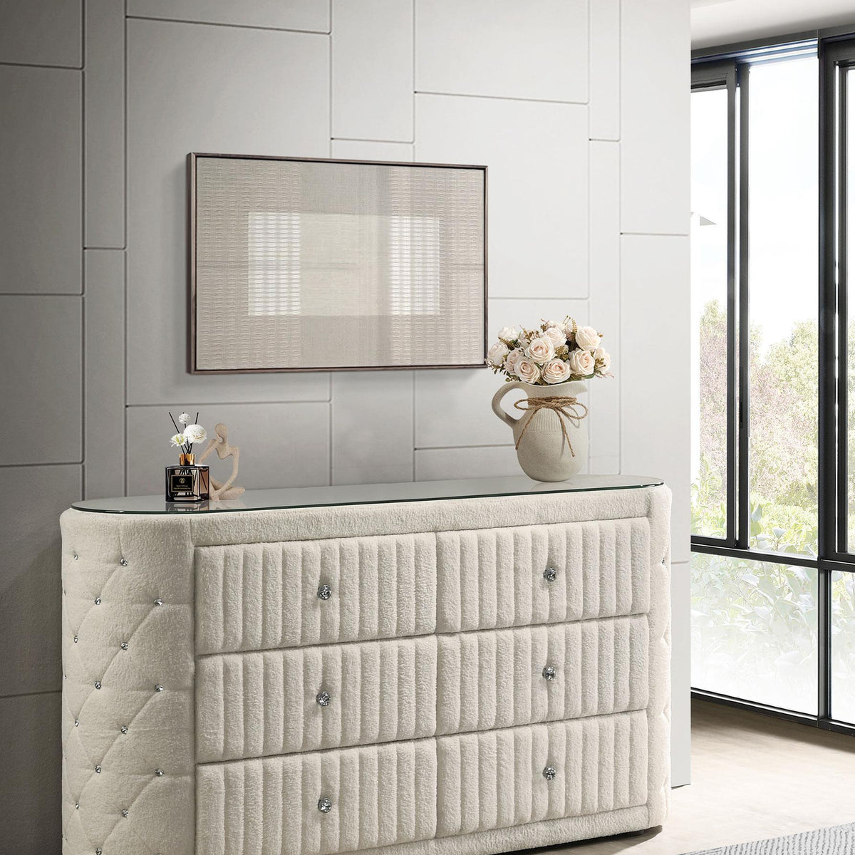 Sonya Ivory 6-Drawer Upholstered Bedroom Dresser - Eve Furniture