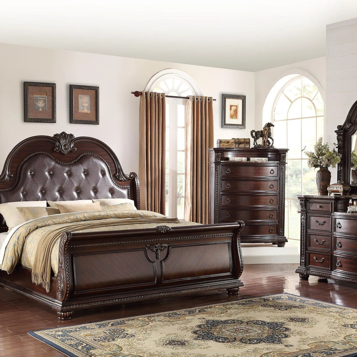Stanley Cherry Brown Upholstered Sleigh Bedroom Set - Eve Furniture
