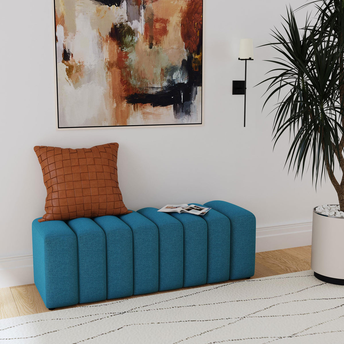 Summer Peacock Blue Upholstered Channel Tufted Accent Bench - Eve Furniture