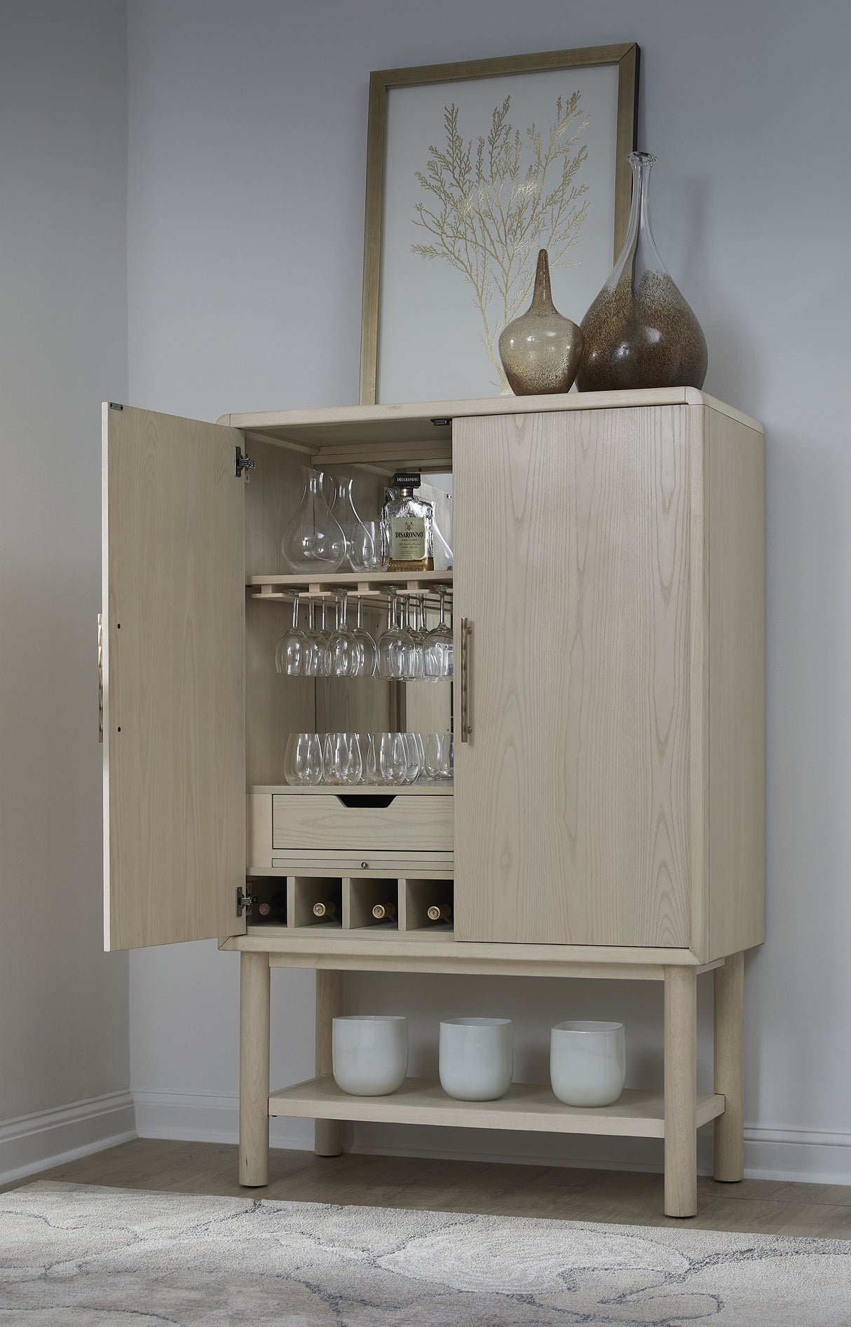 Zinnia Two Door Ash Wood Bar Cabinet in White Sand – Eve Furniture